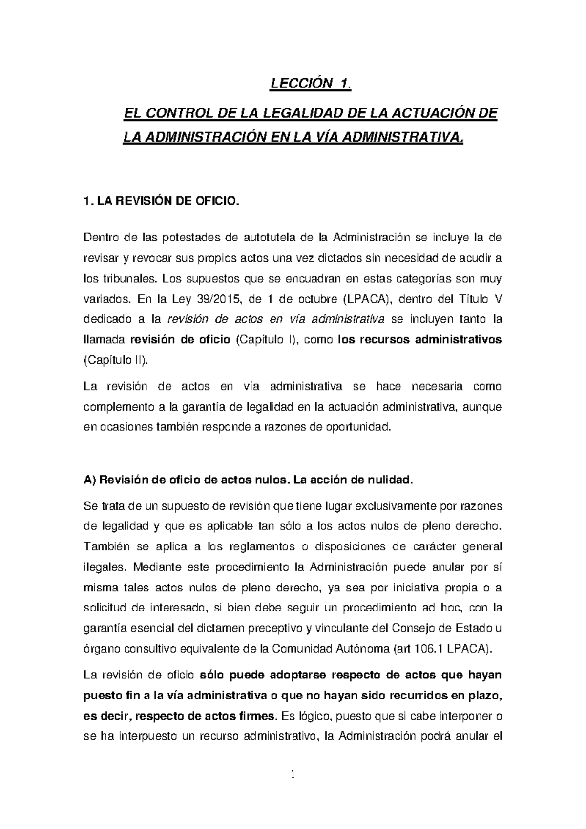 LECCIÓN 1: CONTROL DE LEGALIDAD EN LA ADMINISTRACIÓN (LPACA) - Studocu
