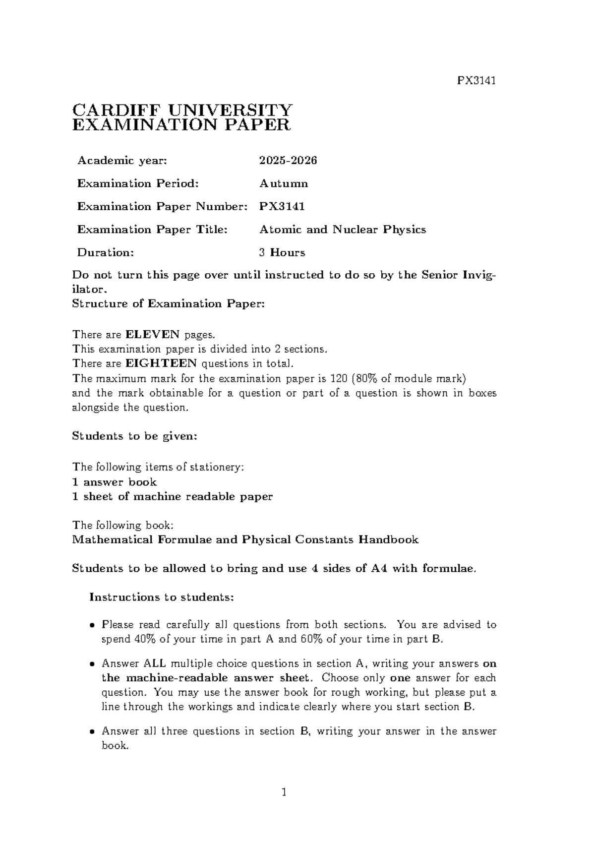 PX3141 Atomic and Nuclear Physics Exam Paper - Autumn 2023 - Studocu