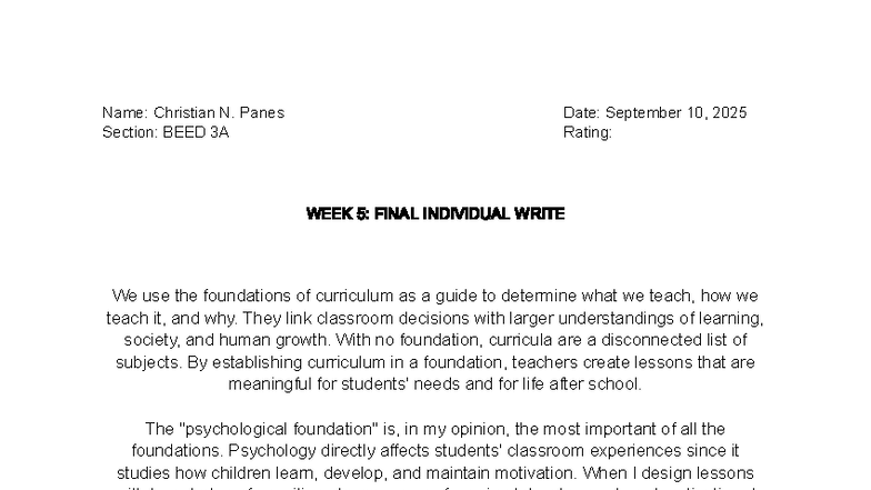 WEEK 5: PED 7 - Final Reflection on Curriculum Foundations - Studocu
