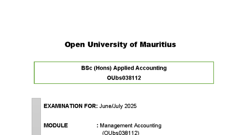 BSc (Hons) Applied Accounting OUbs038112 Management Accounting Exam ...