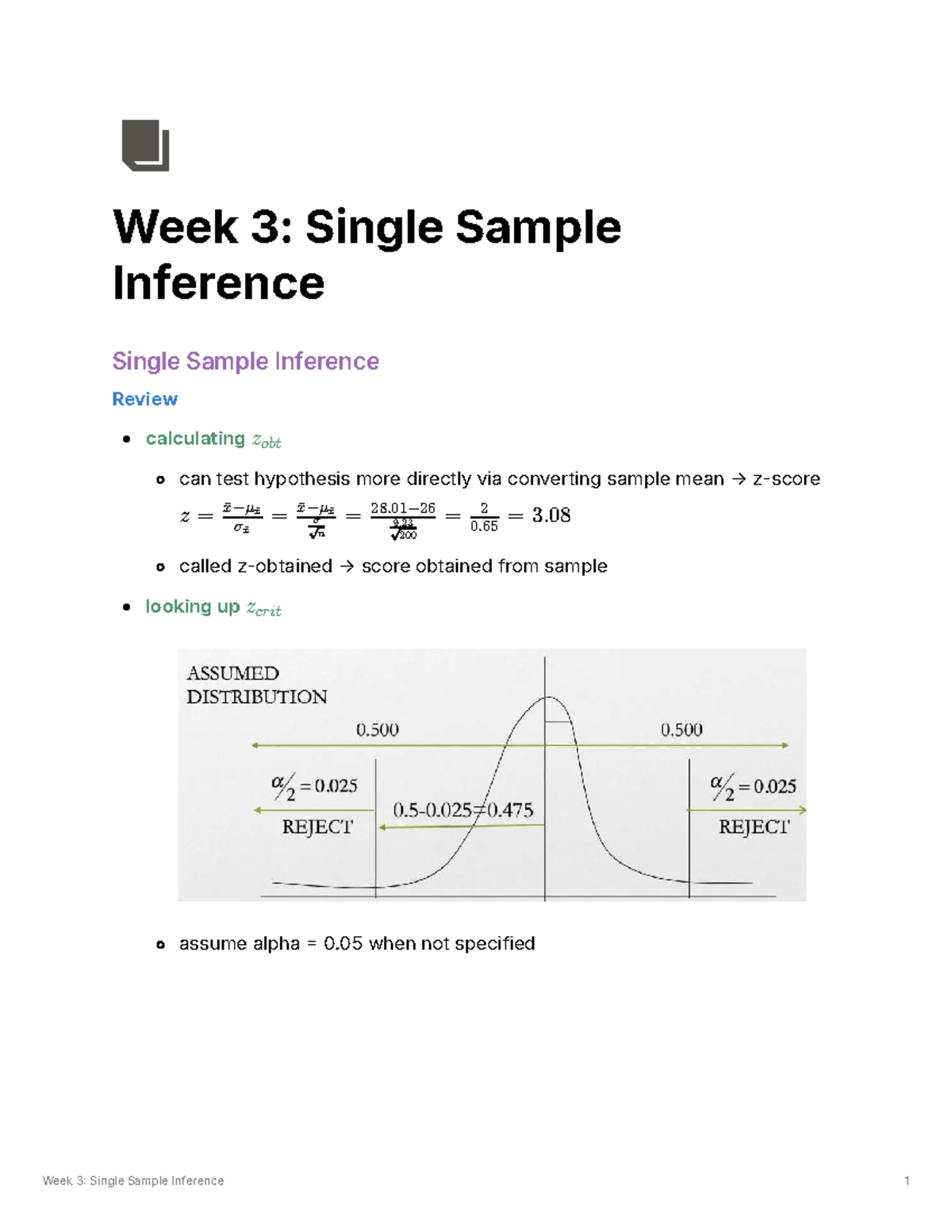 3801 - Week 3 Lecture Notes: Single Sample Inference Review - Studocu