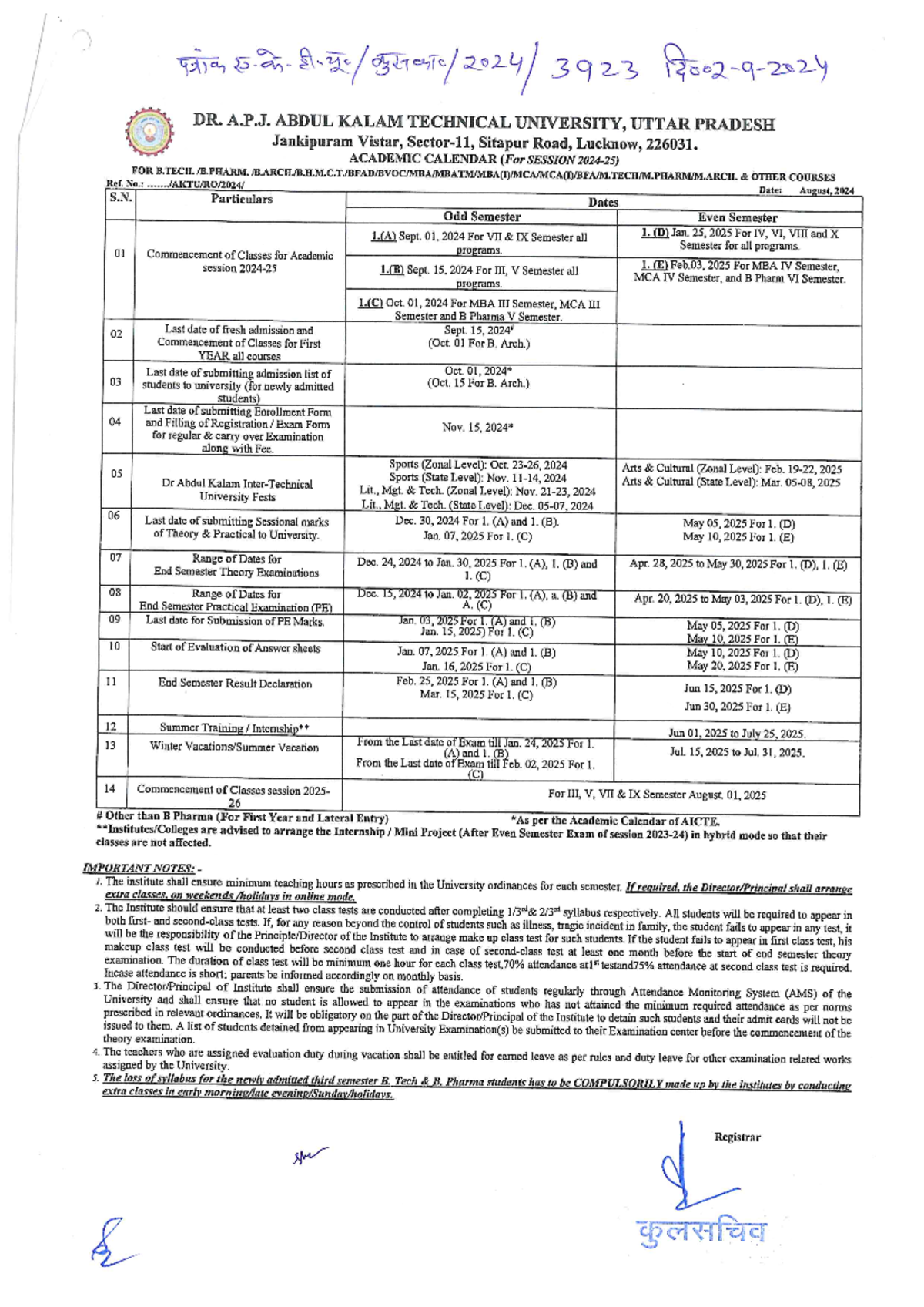 AKTU Academic Calendar 2024-25 for B. Tech and B. Pharma Courses - Studocu