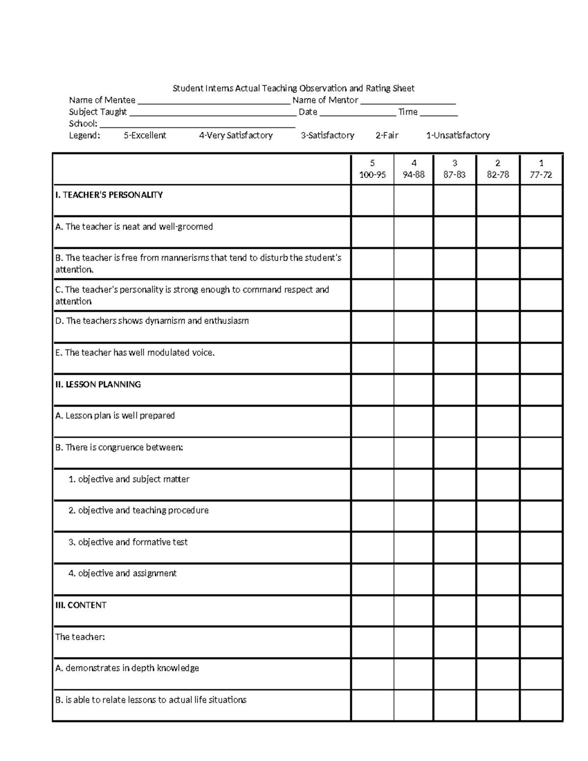 Observation Tool for Student Interns - Teaching Evaluation Sheet - Studocu