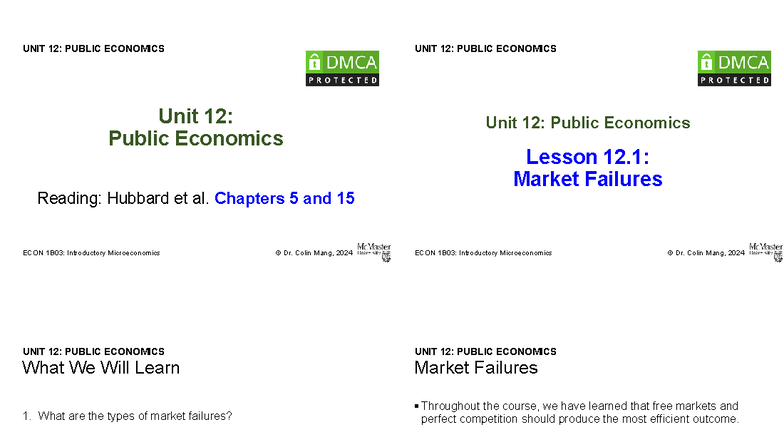 ECON 1B03: Public Economics Unit 12 - Market Failures & Government ...