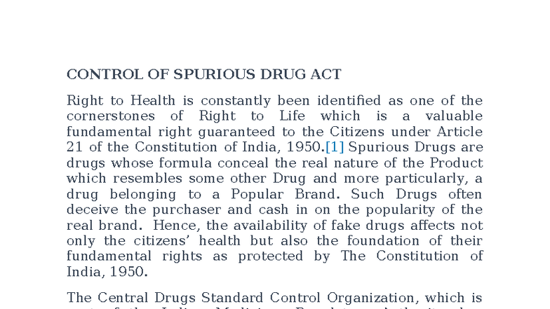 Control of Spurious Drugs: Right to Health & Legal Framework - Studocu