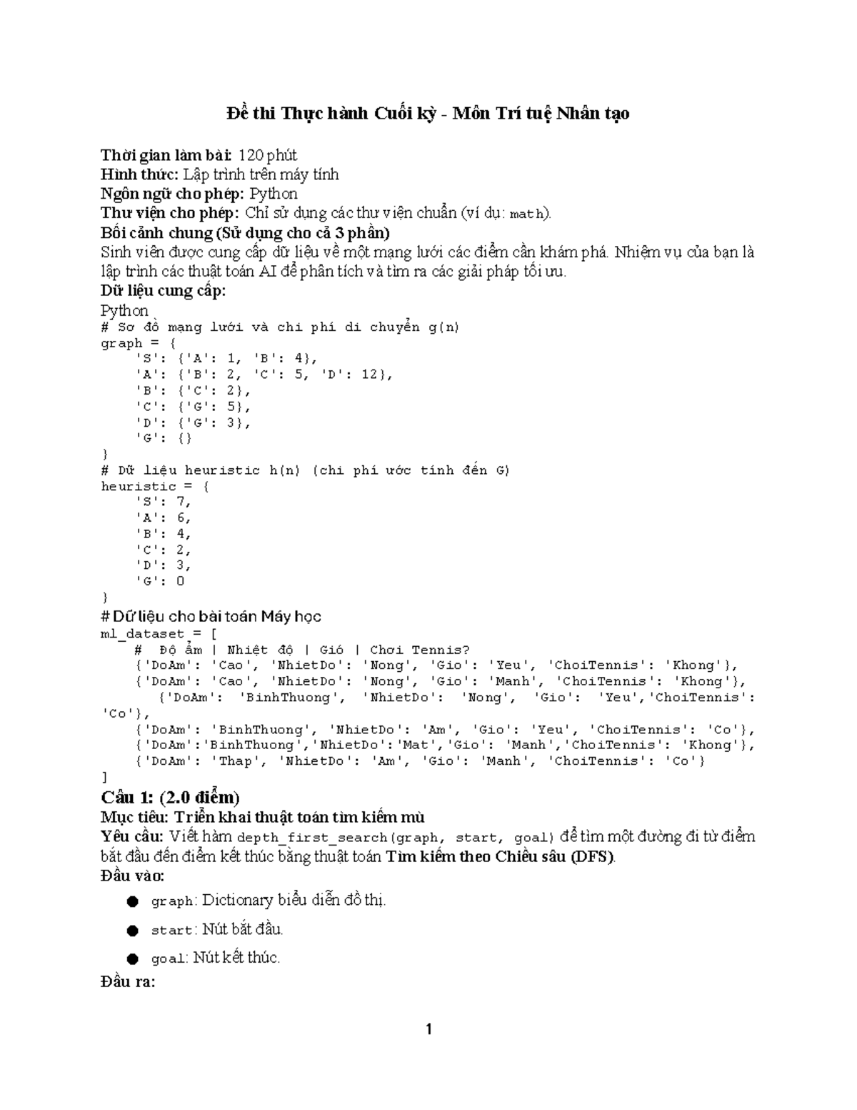 Đề thi Thực hành Cuối kỳ Môn Trí tuệ Nhân tạo - Python - Studocu