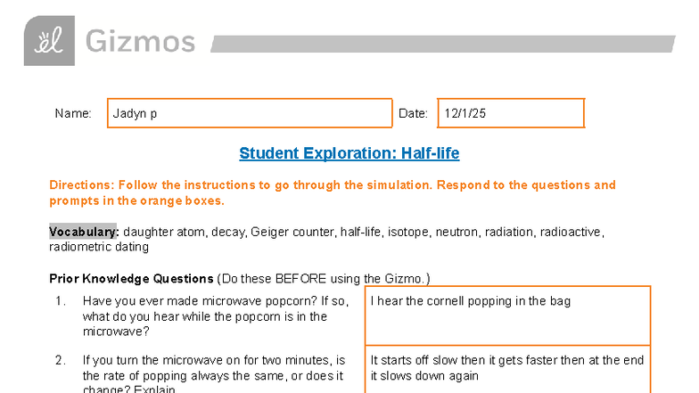 Half-life Gizmo Exploration: Student Guide (Course Code: 22) - Studocu