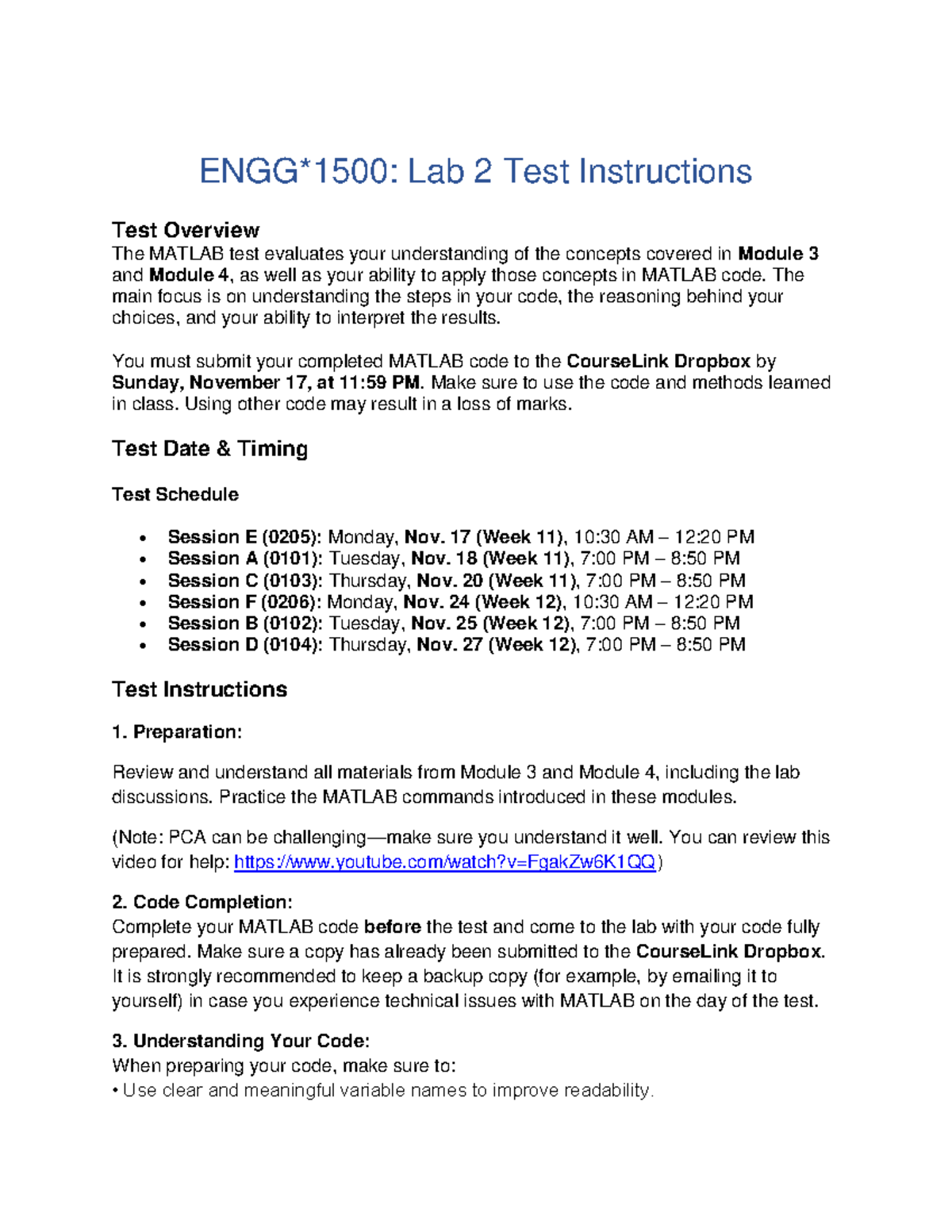 F25 Lab 2 Test Instructions: MATLAB Code Overview & Guidelines - Studocu