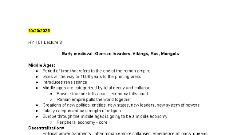 HY 101 Lecture Notes: The Crusades & Early Medieval Europe (2025) - Studocu