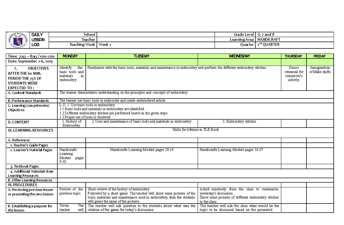 Embroidery Lesson Plan G7-G8 Week 1 - Quarter 2 Activities - Studocu