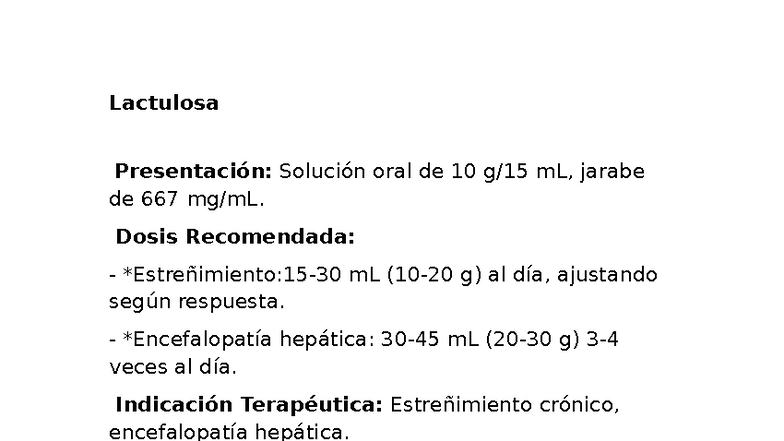 Lactulosa: Dosis y Recomendaciones para Uso Oral - Studocu