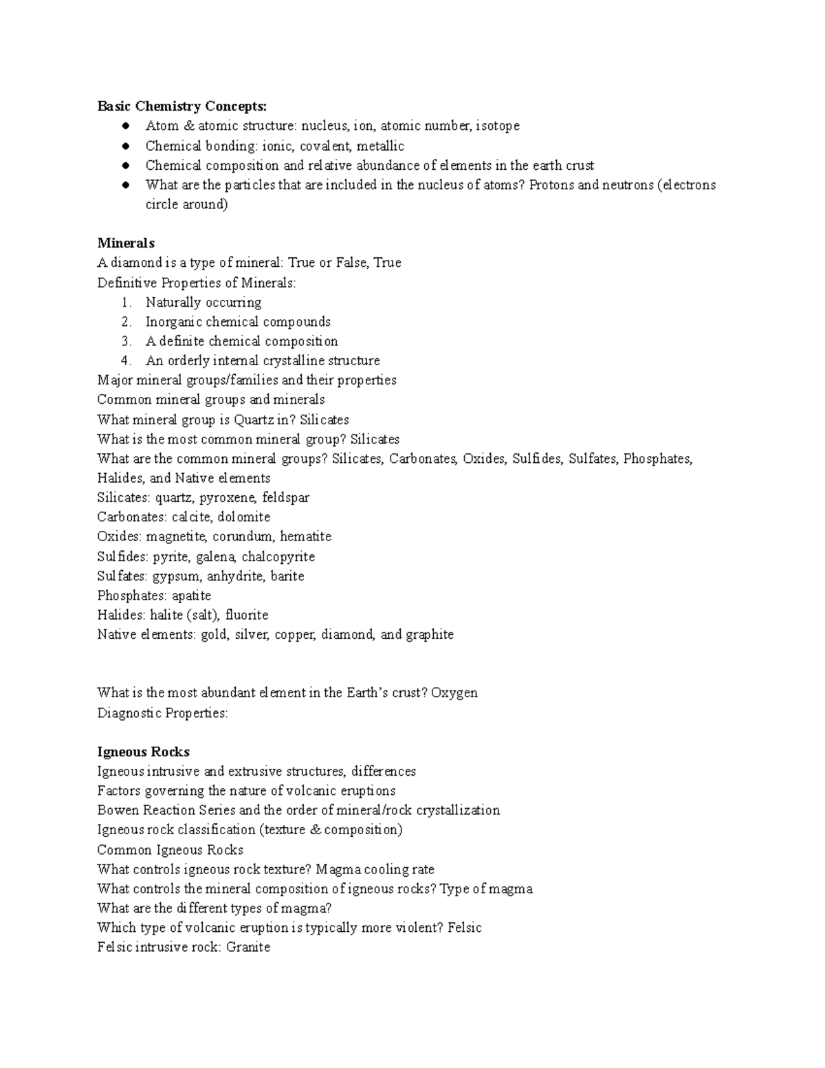 Geology 101 - Exam 1 Review: Key Concepts and Mineral Classification ...