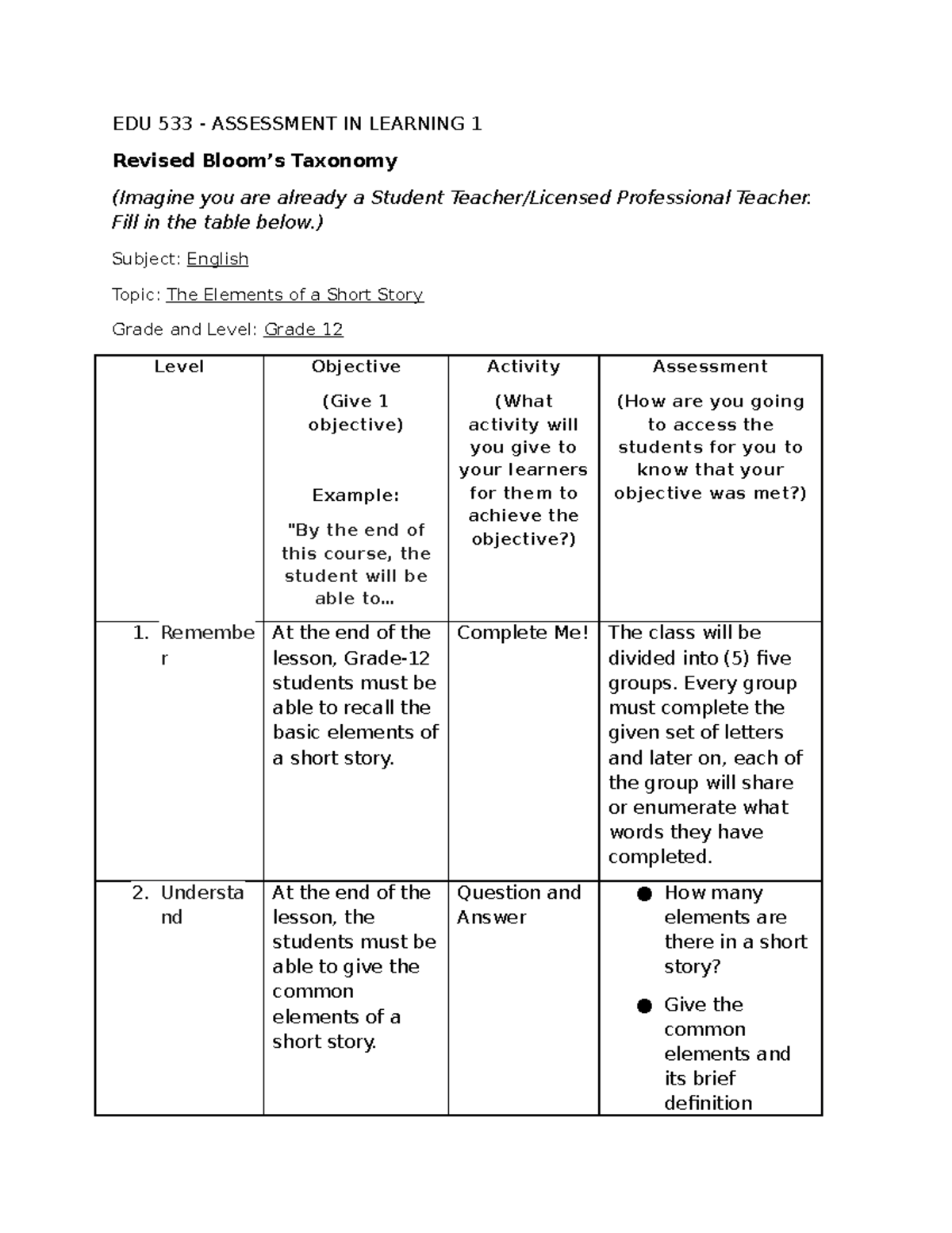 Assignment #1 Revised Bloom’s Taxonomy - EDU 533 - ASSESSMENT IN ...
