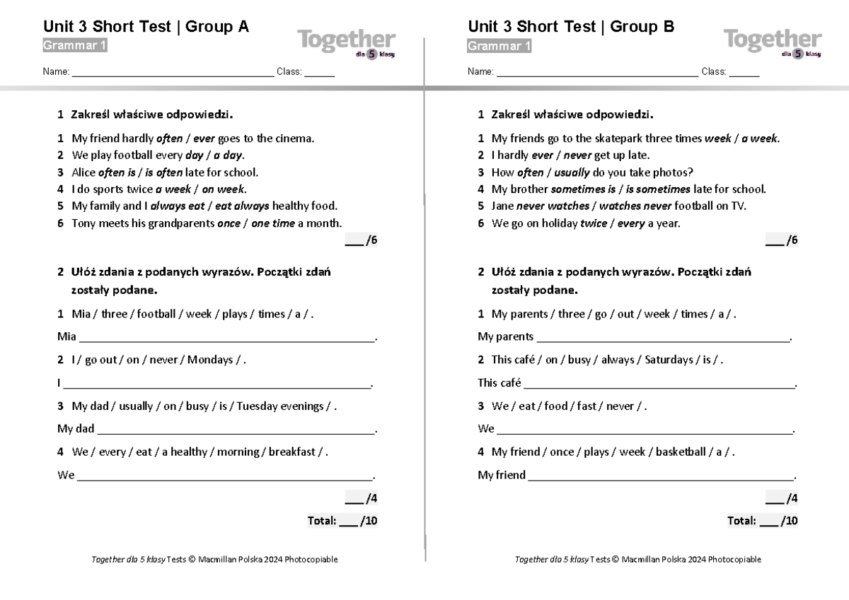 Together kl5 Short Test U3 Grammar 1 - Group A & B - Studocu