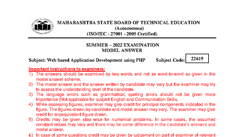 22619 php summer 2022 - Model answer paper - (Autonomous) (ISO/IEC - 27001 - 2005 Certified ...