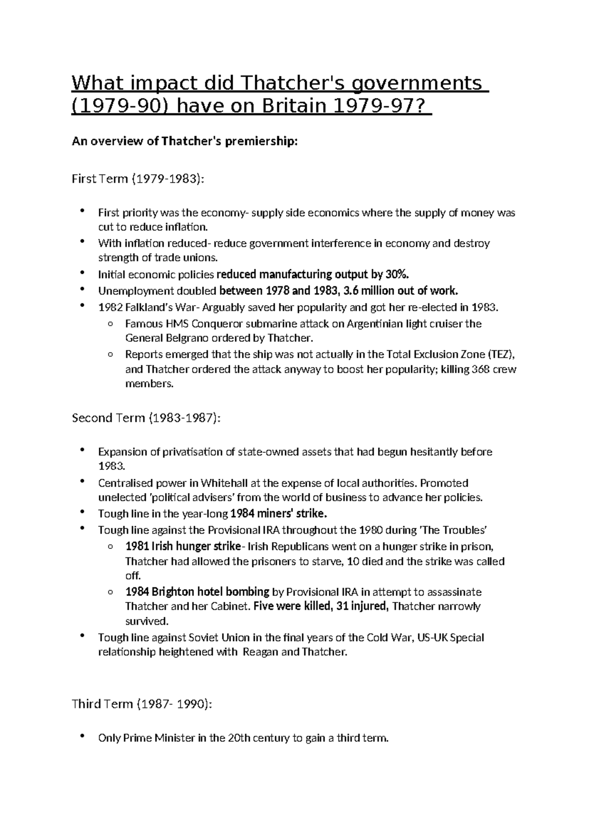 Thatcher's Economic Policies: Impacts on Britain (1979-1990) - Studocu