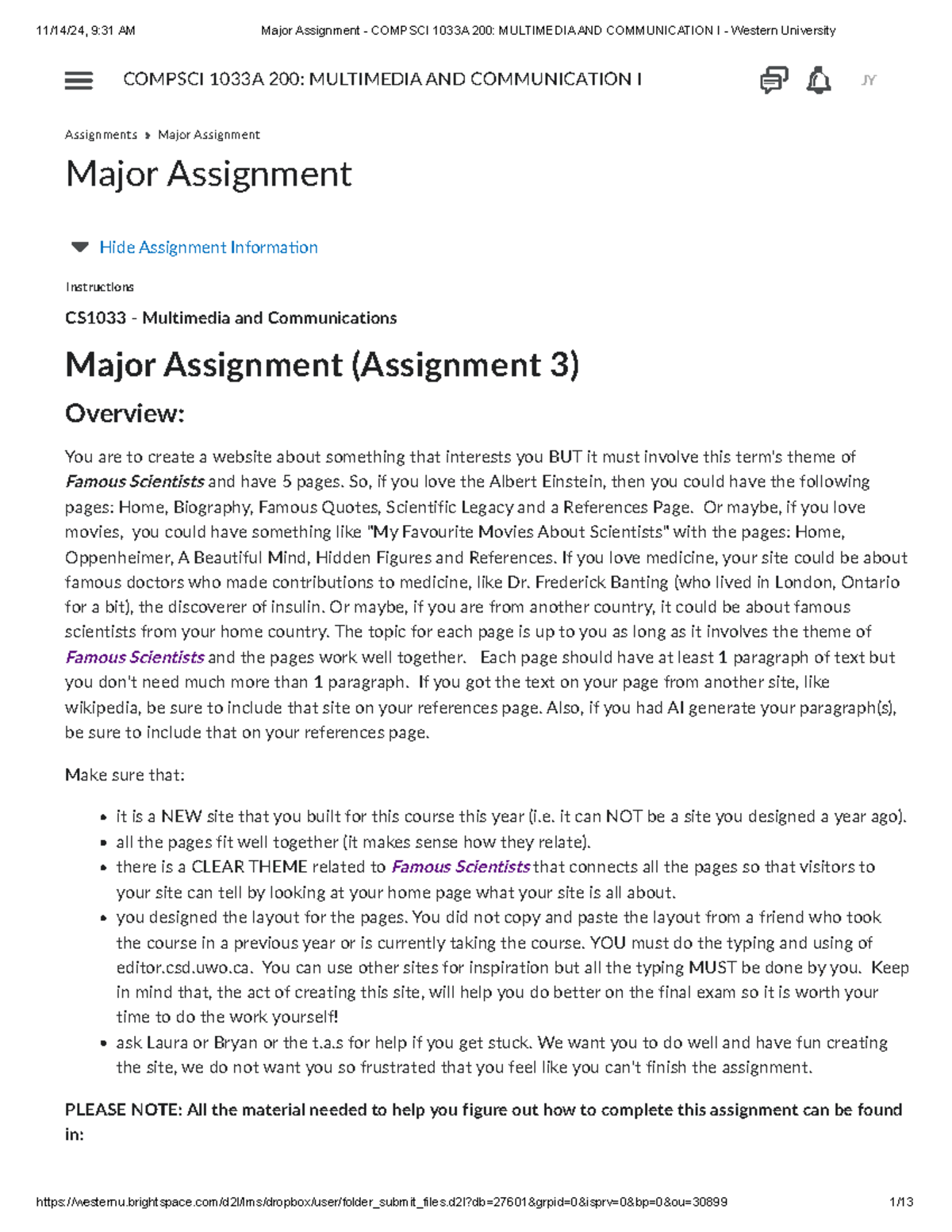 1033 Major Assignment Instructions - Major Assignment Hide Assignment Informa on Instructions ...