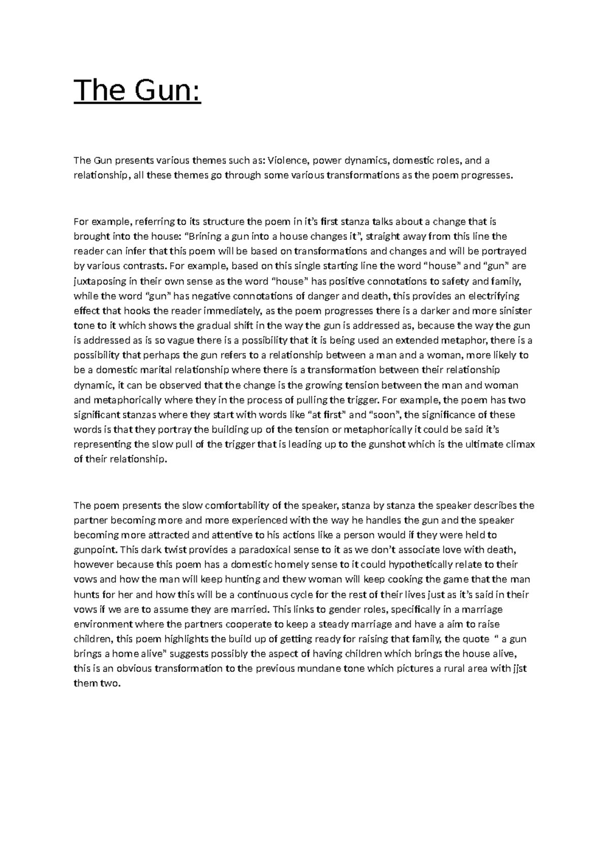The Gun - Analysis of Themes and Transformations in Poetry - Studocu
