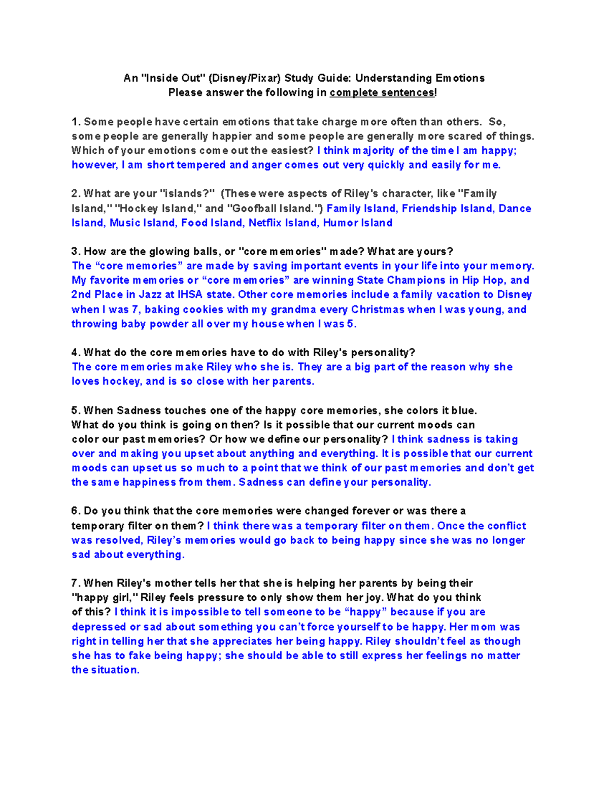 Inside Out Questions - An Study Guide: Understanding Emotions Please ...