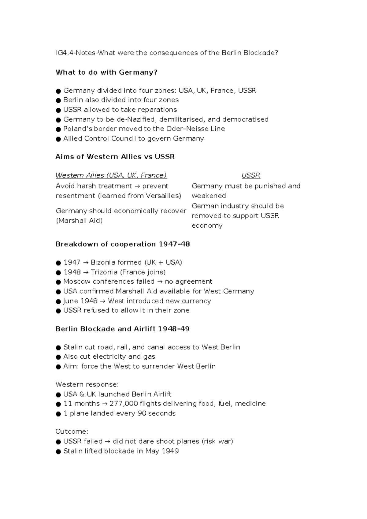 IG History Notes: Consequences of the Berlin Blockade and Germany's ...