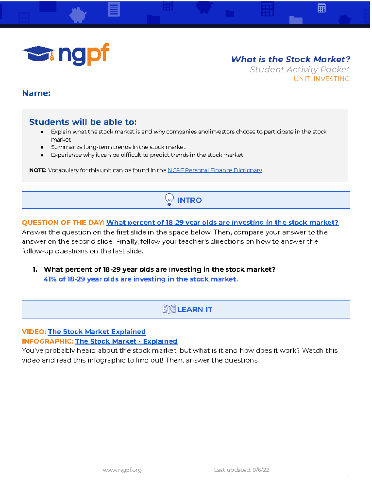 Understanding the Stock Market - Student Activity Packet (Investing ...
