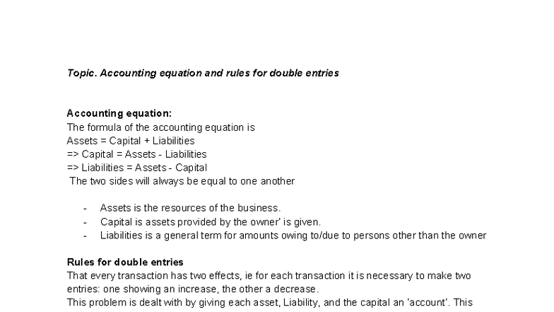 TACN1 - Accounting Equation & Double Entry Rules Notes - Studocu