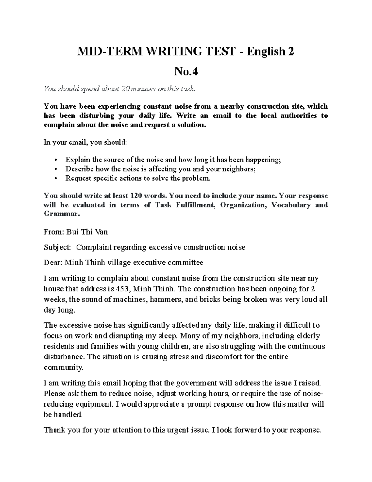 WRITING TEST: English 2 No.4 - Noise Complaint Email - Studocu