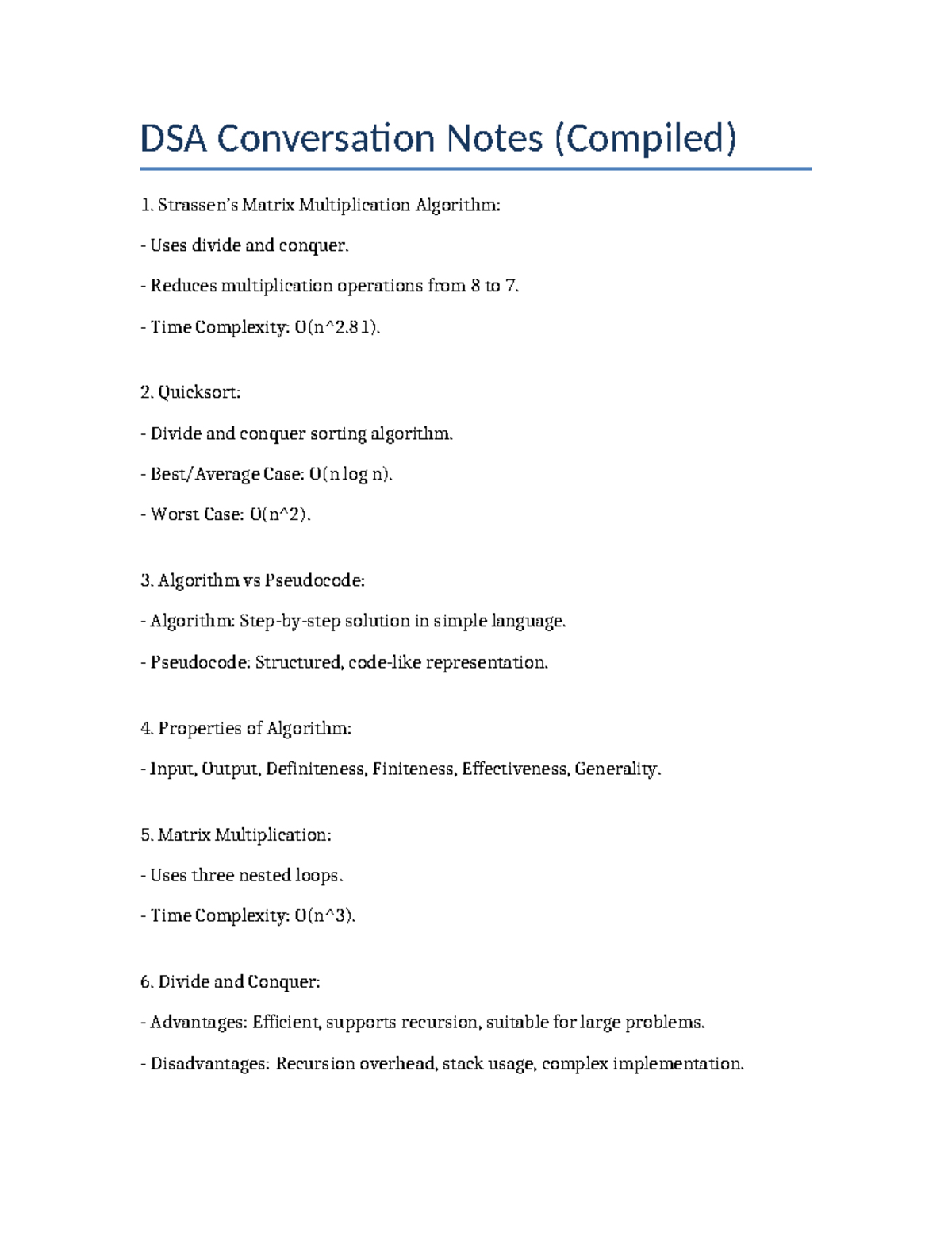 DSA Lecture Notes: Matrix Multiplication & Quicksort Insights - Studocu
