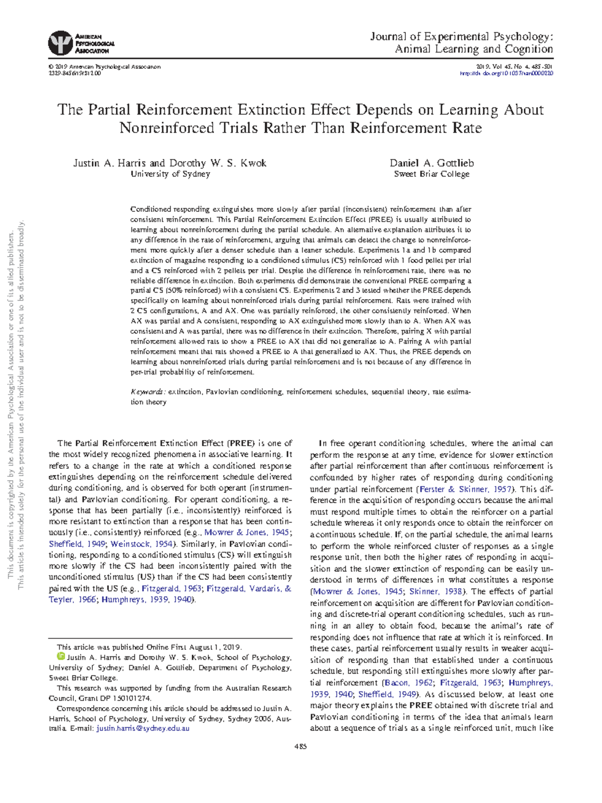 Partial Reinforcement Extinction Effect: Insights from Harris et al ...