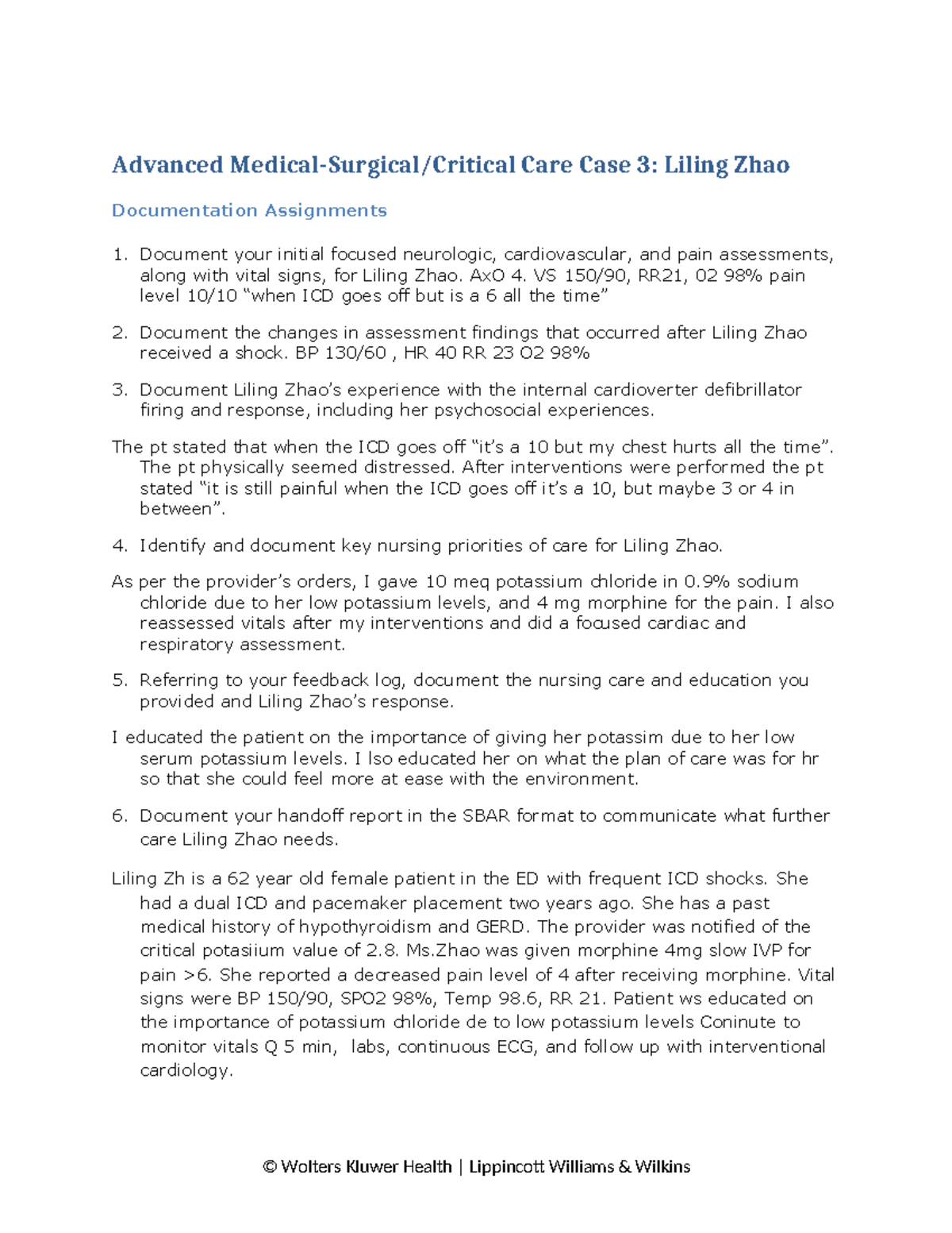 Advanced Care Case 3: Liling Zhao Nursing Documentation & Assessment ...