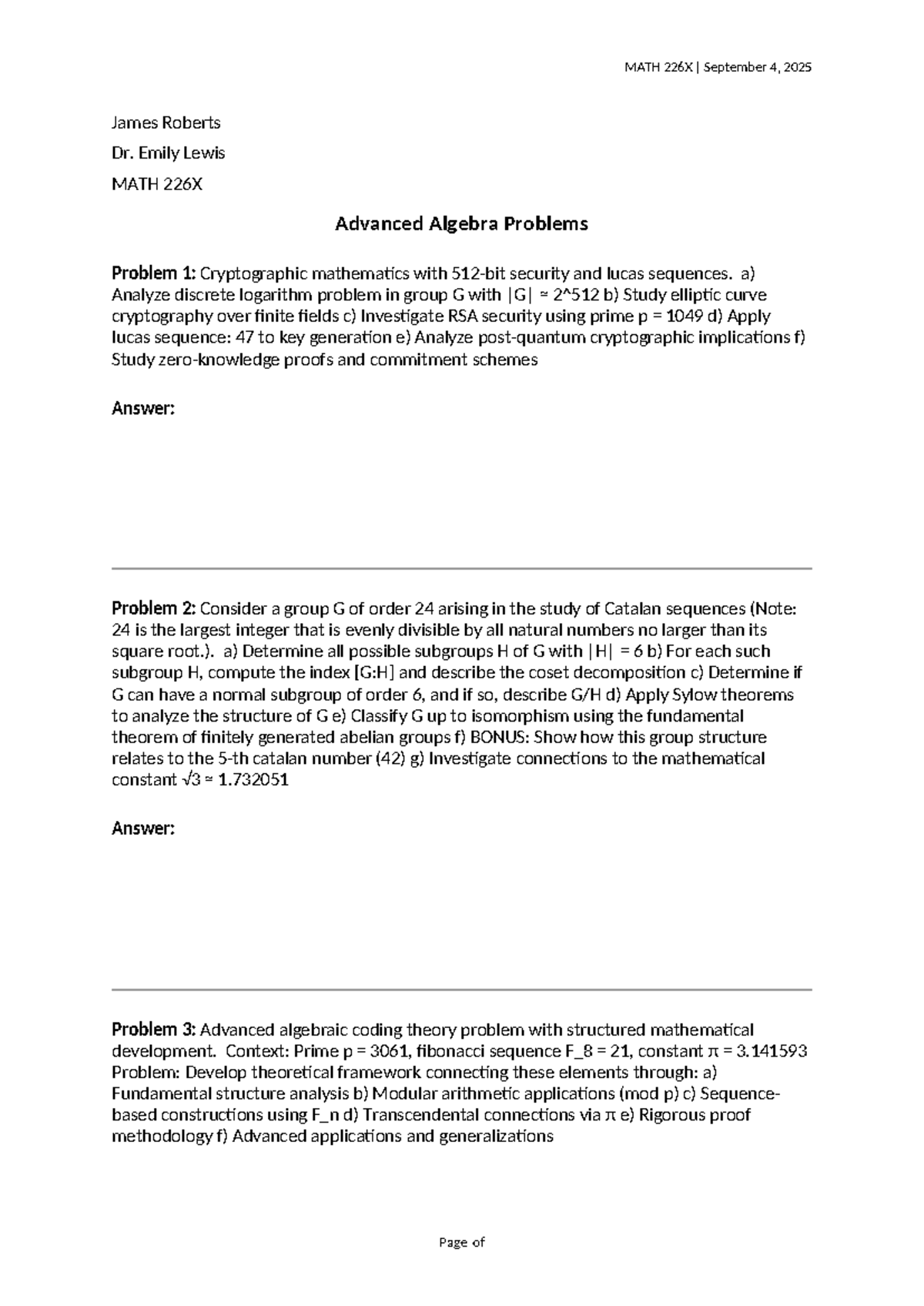 MATH 226X Advanced Algebra Problems and Solutions - Studocu