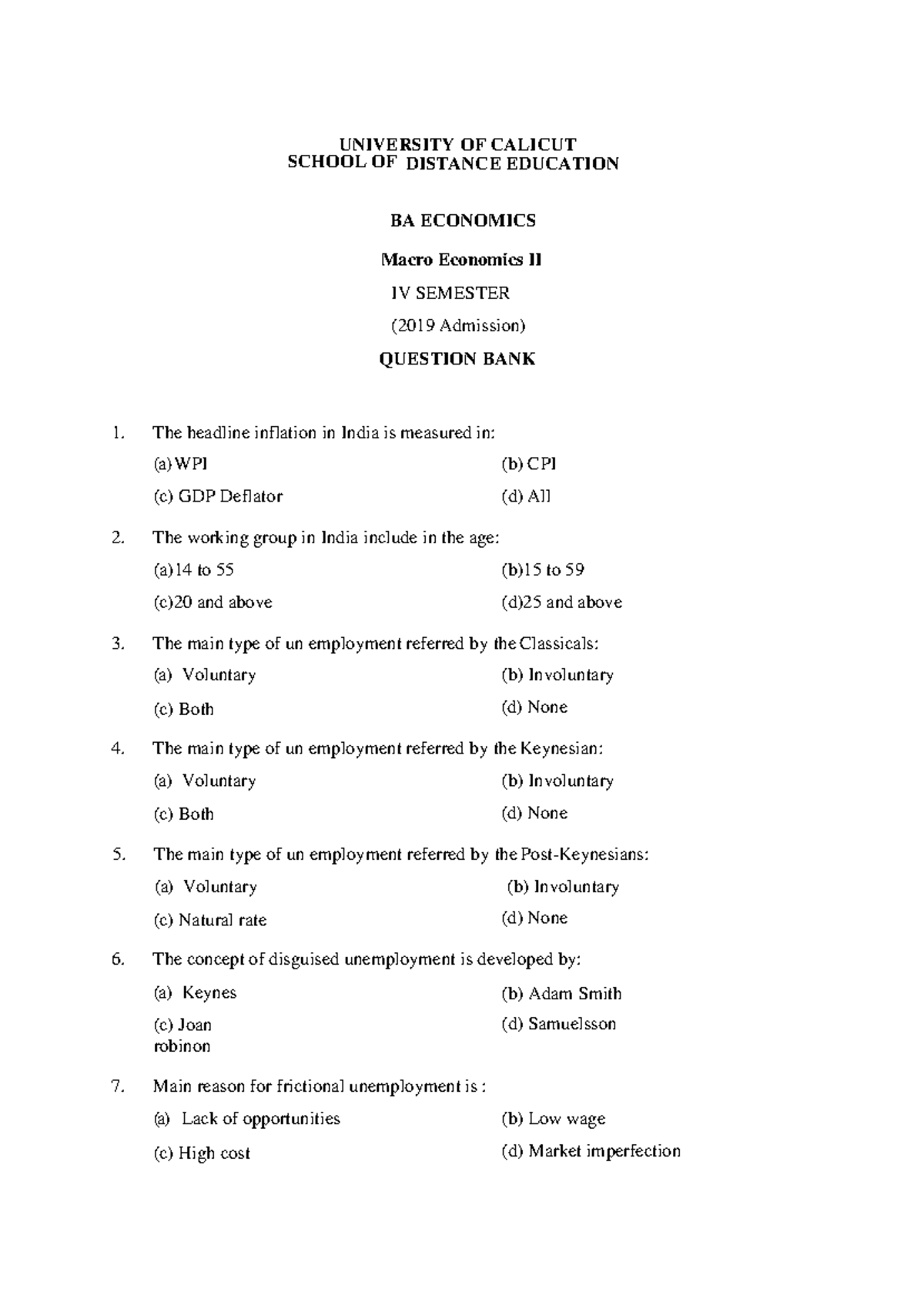 MCQ Question Bank for Macro Economics II (BA Economics IV Sem) - Studocu
