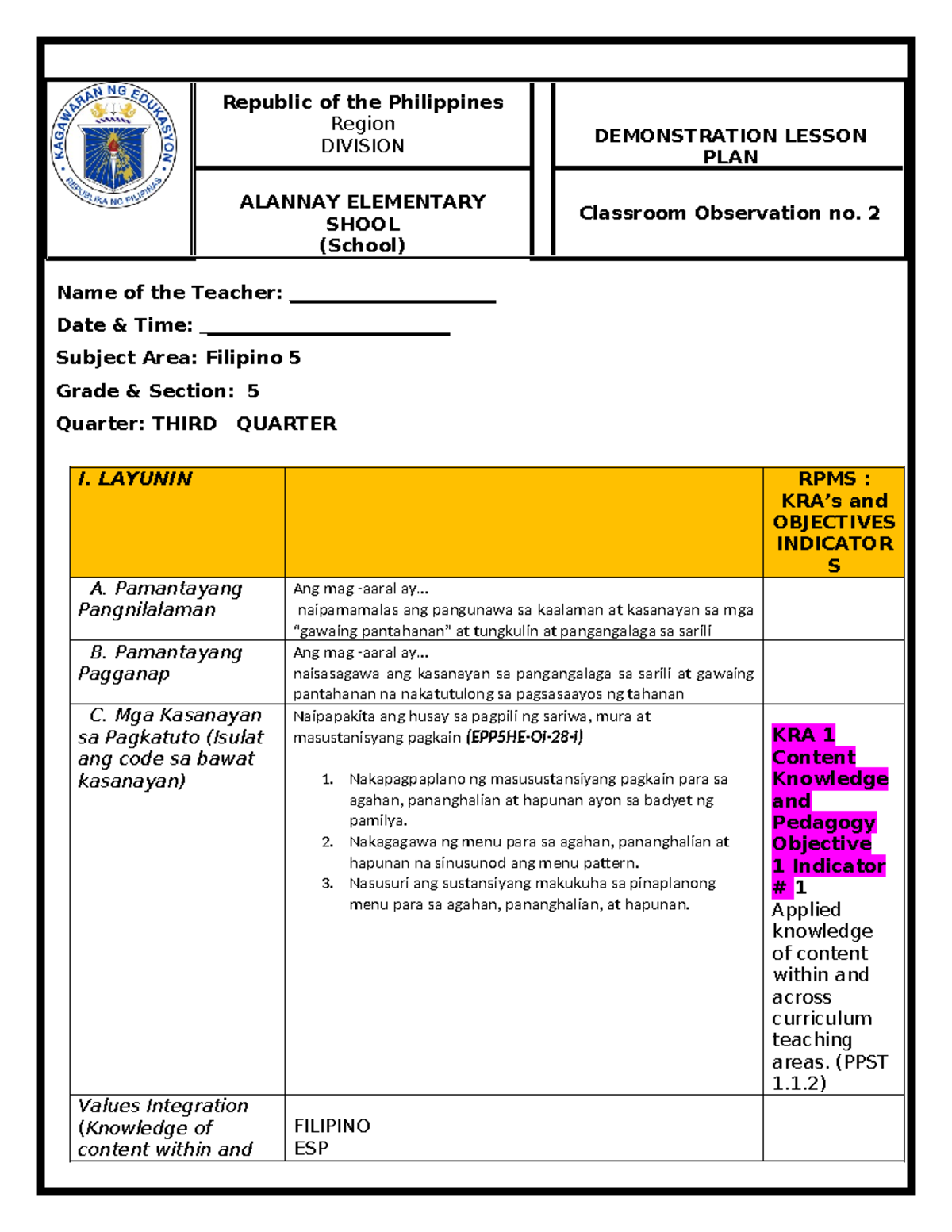 COT - Lesson Plan on Nutritional Meal Planning - EPP HE 5 - Q3 - Studocu