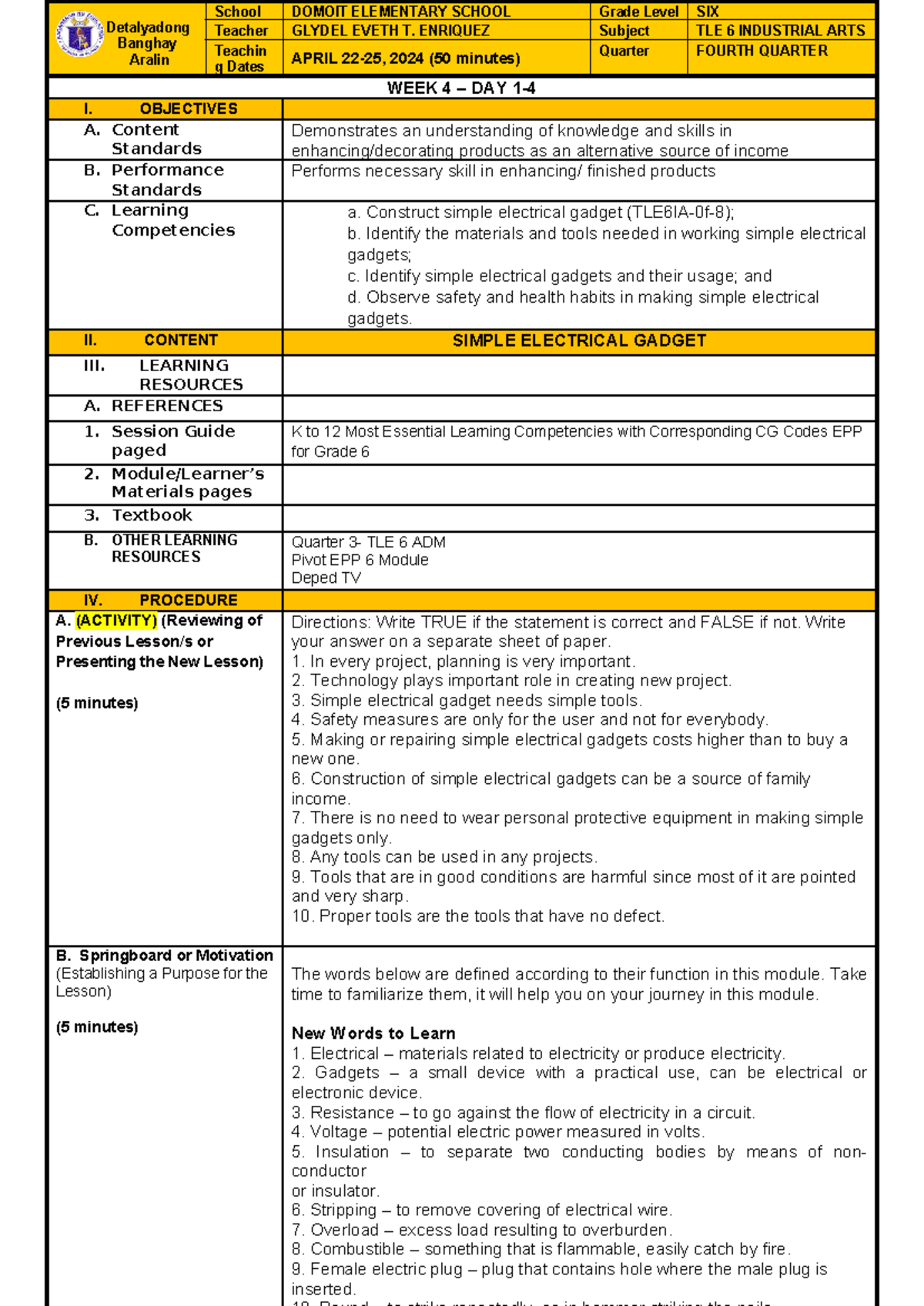 4TH Q WEEK 5 TLE 6 IA DAY 1 4 - Detalyadong Banghay Aralin School ...