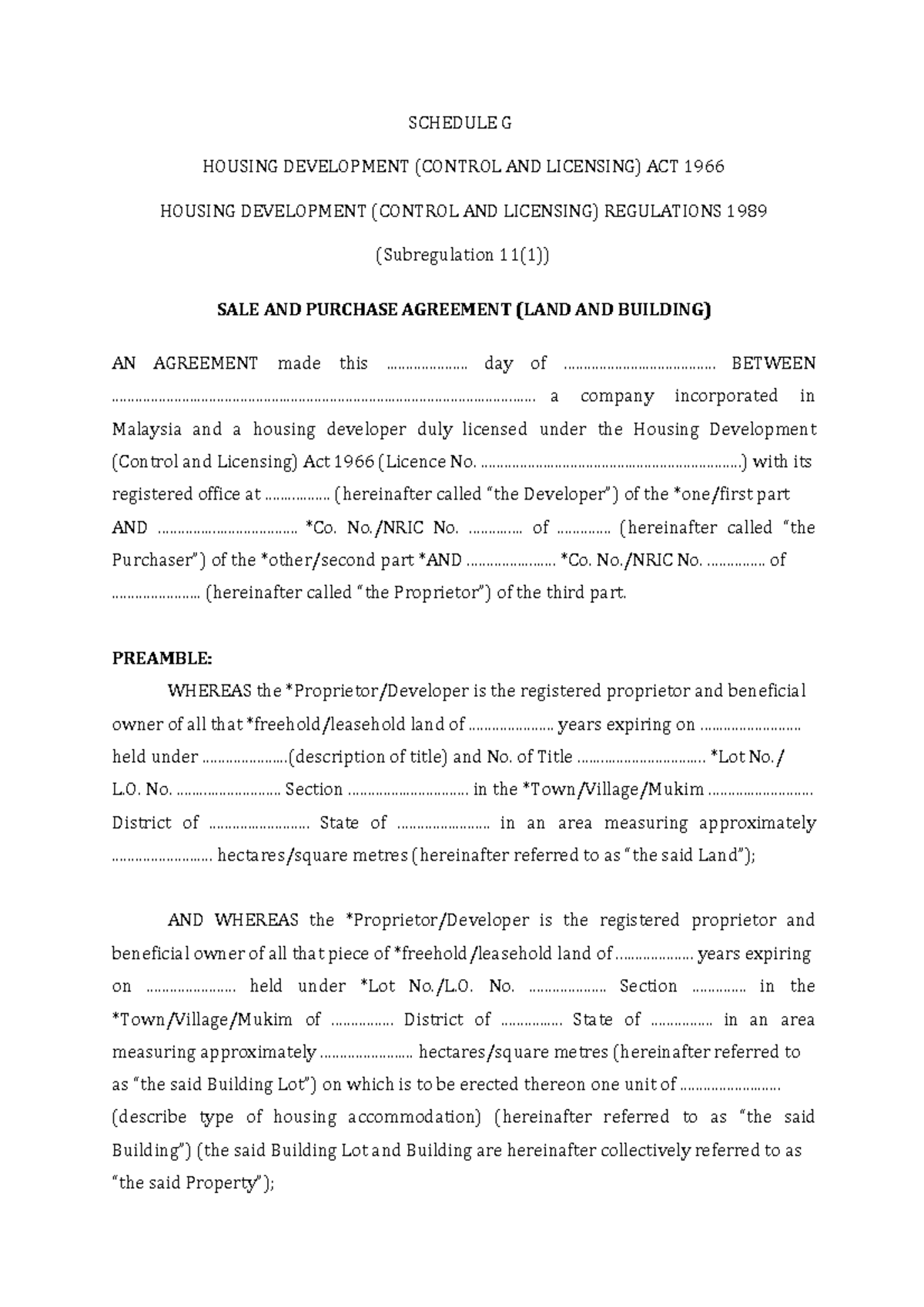 Schedule G Housing Development Sale and Purchase Agreement 2024 - Studocu