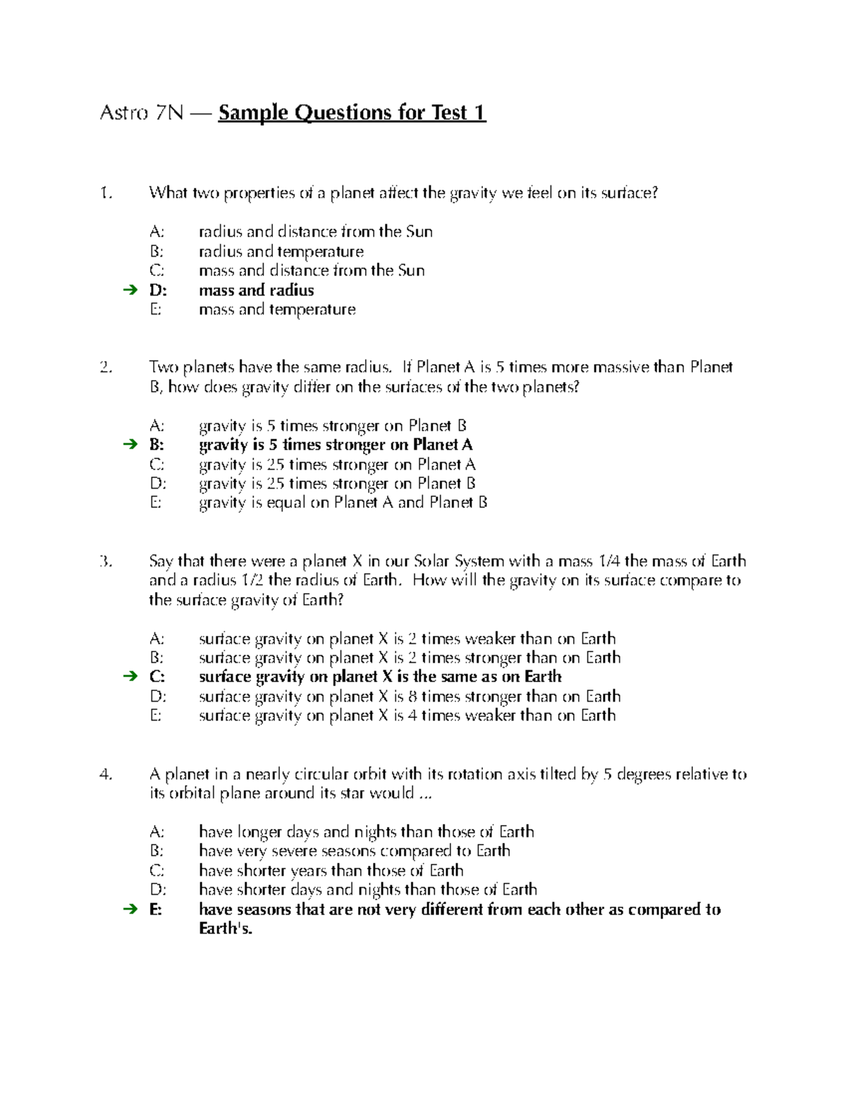 Astro-7N Test 1 Sample Questions and Answer Key - Studocu