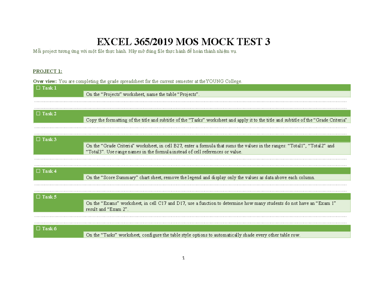 EXCEL 365/2019 MOS Mock Test 3: Practical Project Tasks - Studocu