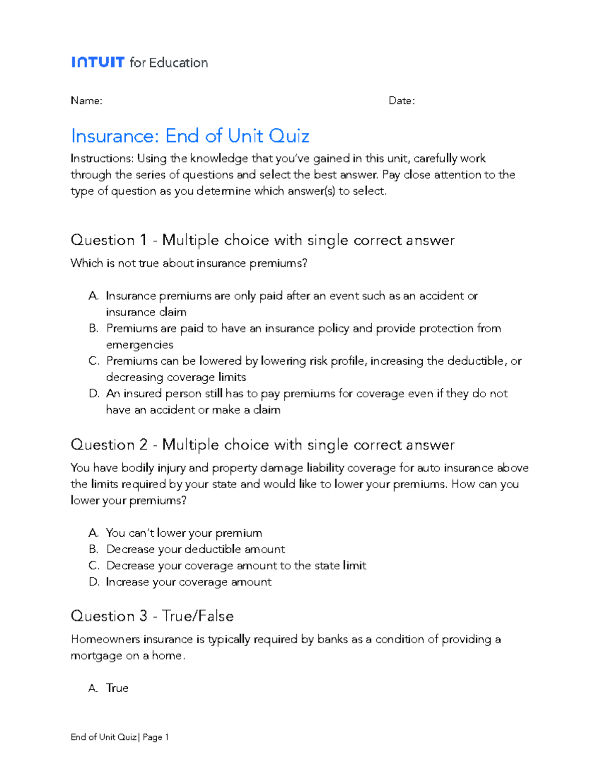 Insurance: End of Unit Quiz - Comprehensive Review of Key Concepts ...