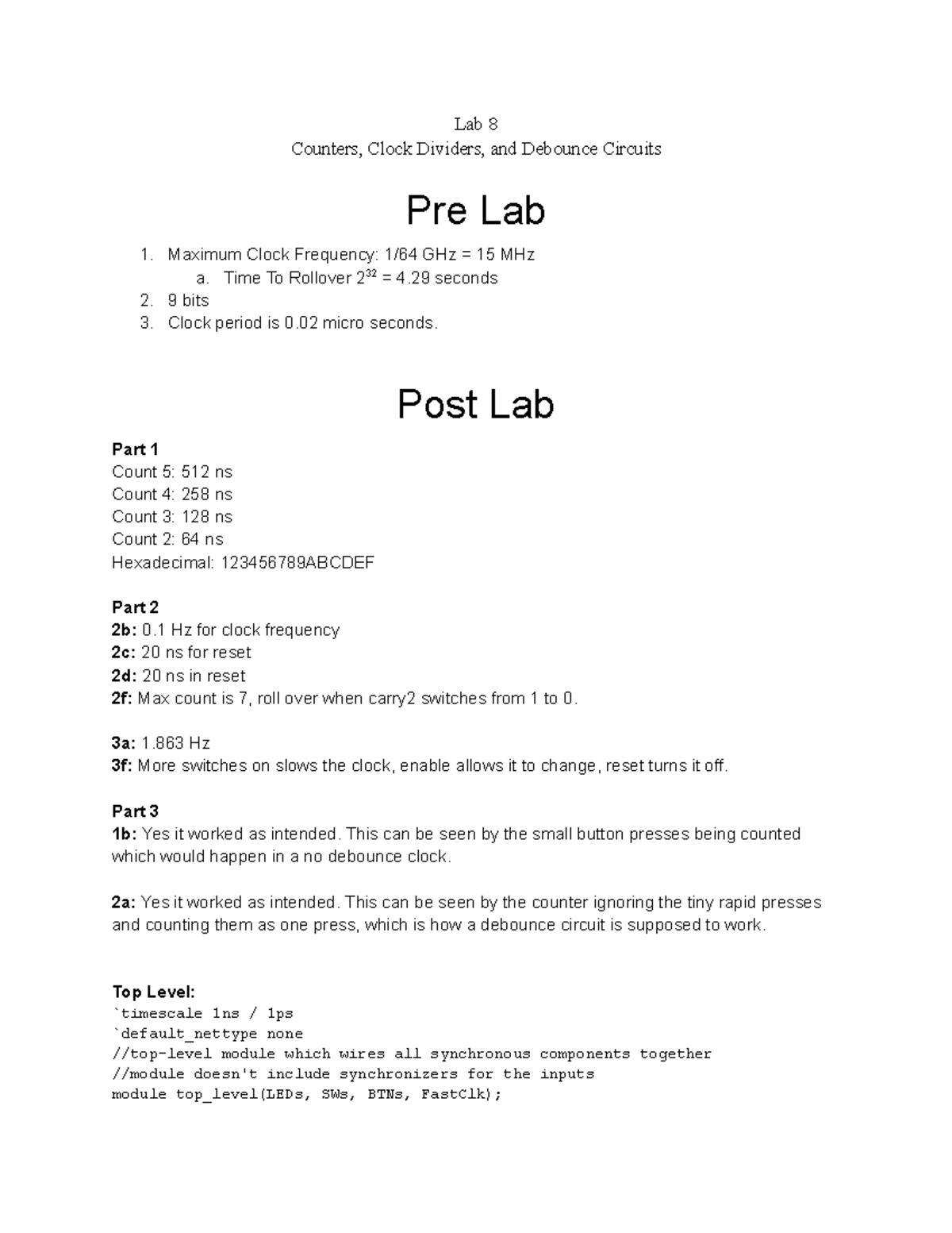 ECEN 248 Lab 8 - Lab 8 lab report - Lab 8 Counters, Clock Dividers, and ...