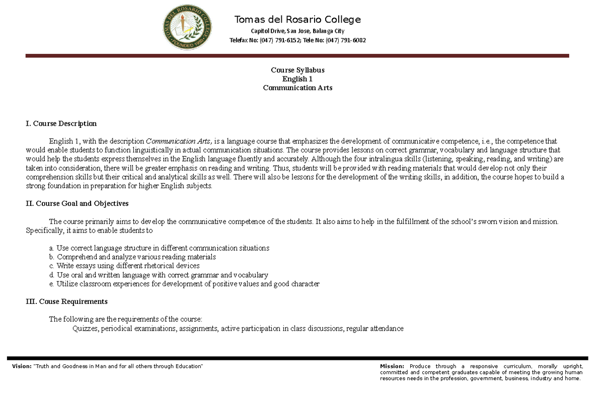 Eng 1 Syllabus: Communication Arts Course Overview and Structure - Studocu