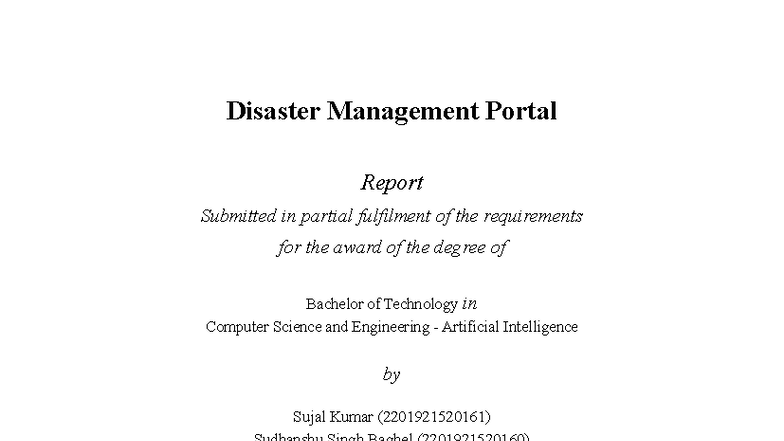 Disaster Management Portal Report: B.Tech Project in CSE AI - Studocu