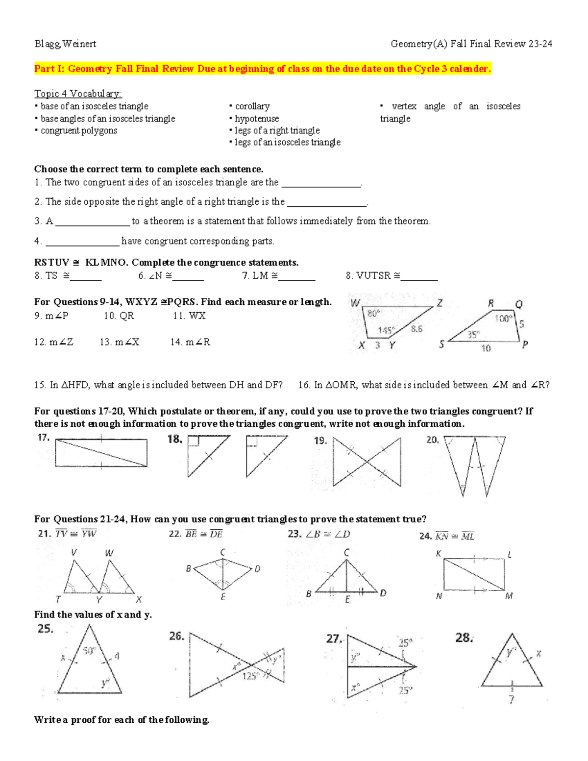 Blagg, Weinert Geometry(A) Fall Final Review Part 2 (23-24) - Studocu
