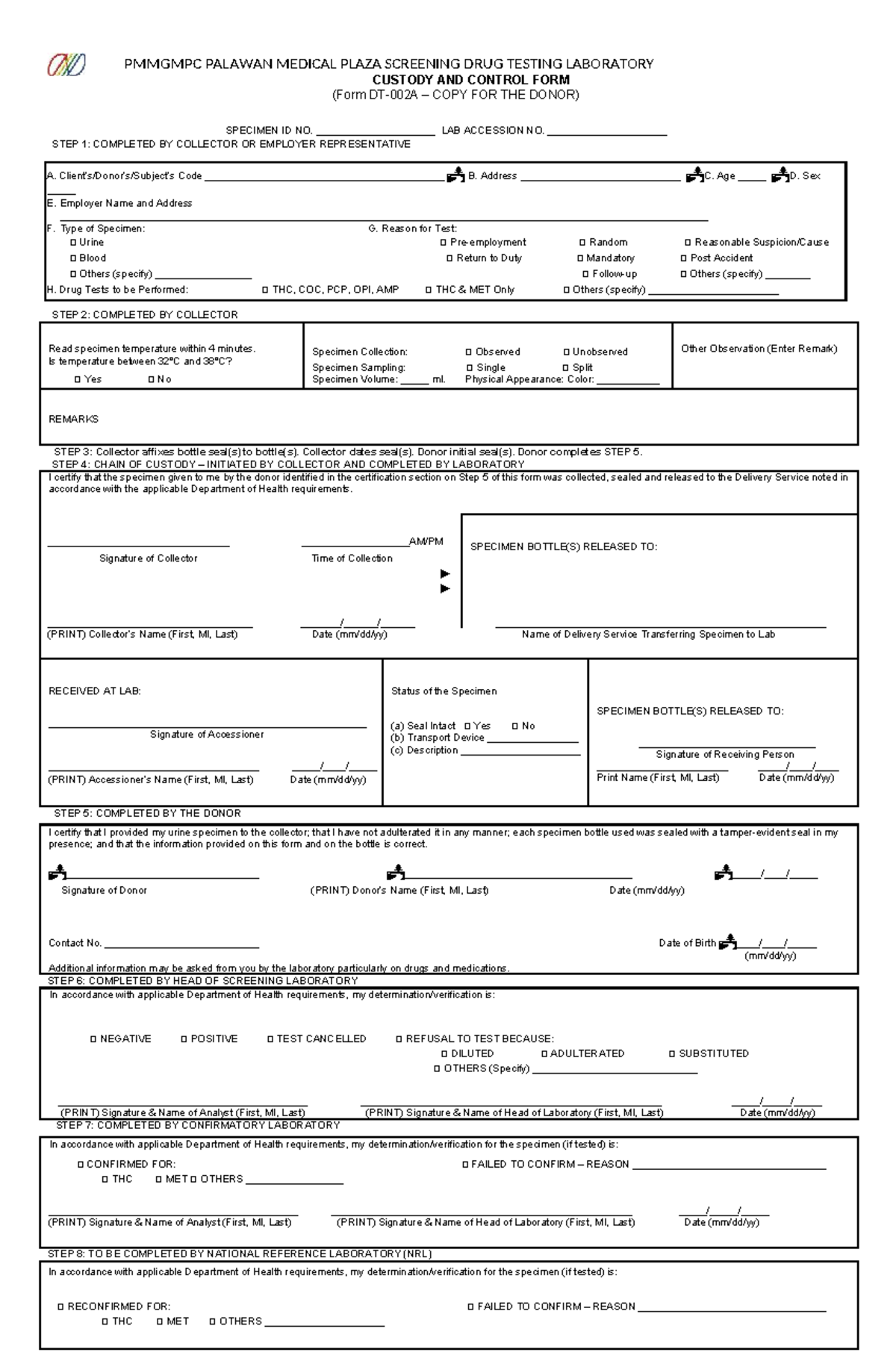 PMMGMPC Custody and Control Form for Drug Testing Procedures - Studocu