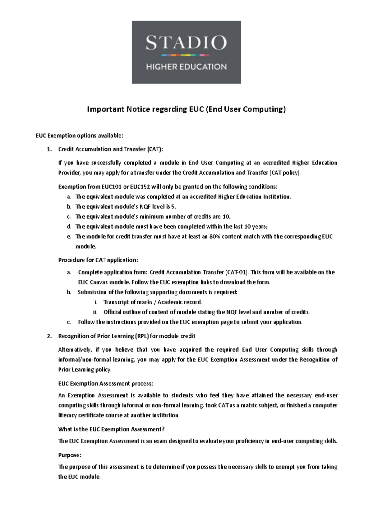 EUC Exemption Options & Procedures for Students 2026 - Studocu
