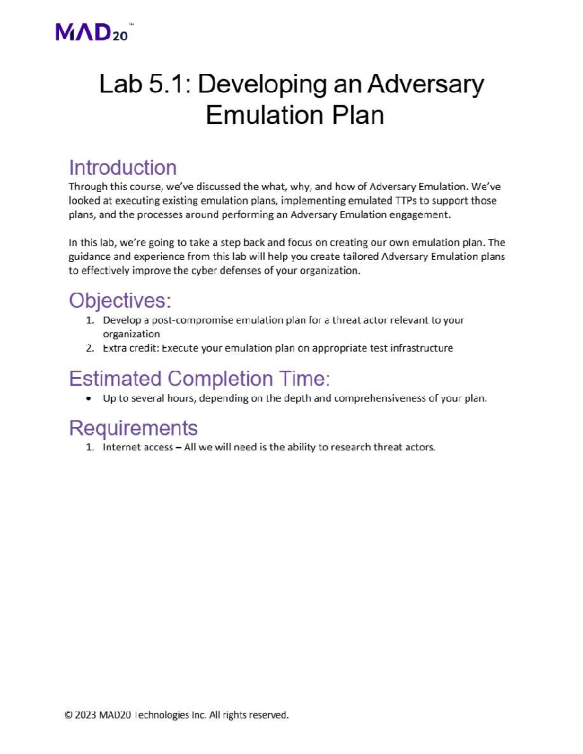 MAD 20 Lab 5.1: Crafting an Effective Adversary Emulation Plan - Studocu