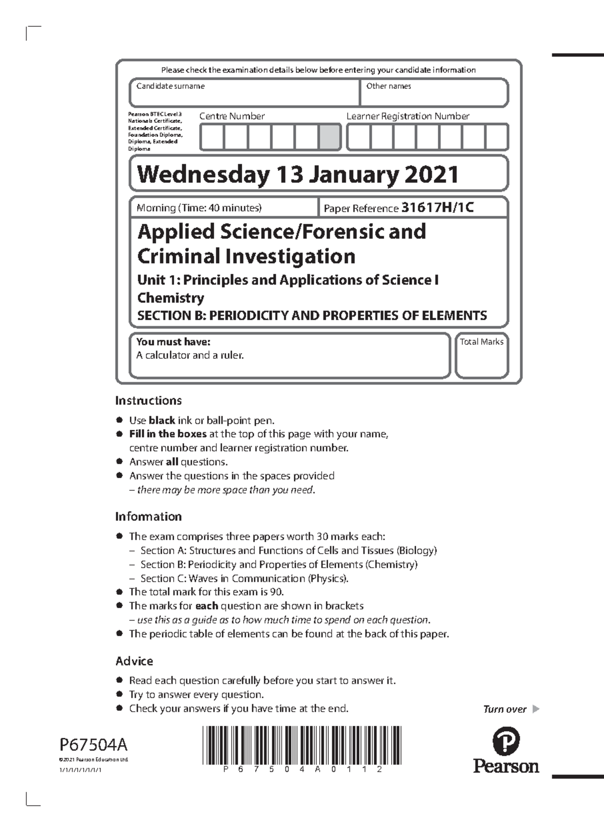 BTEC Applied Science 31617H/1C Unit 1 Question Paper - January 2021 ...