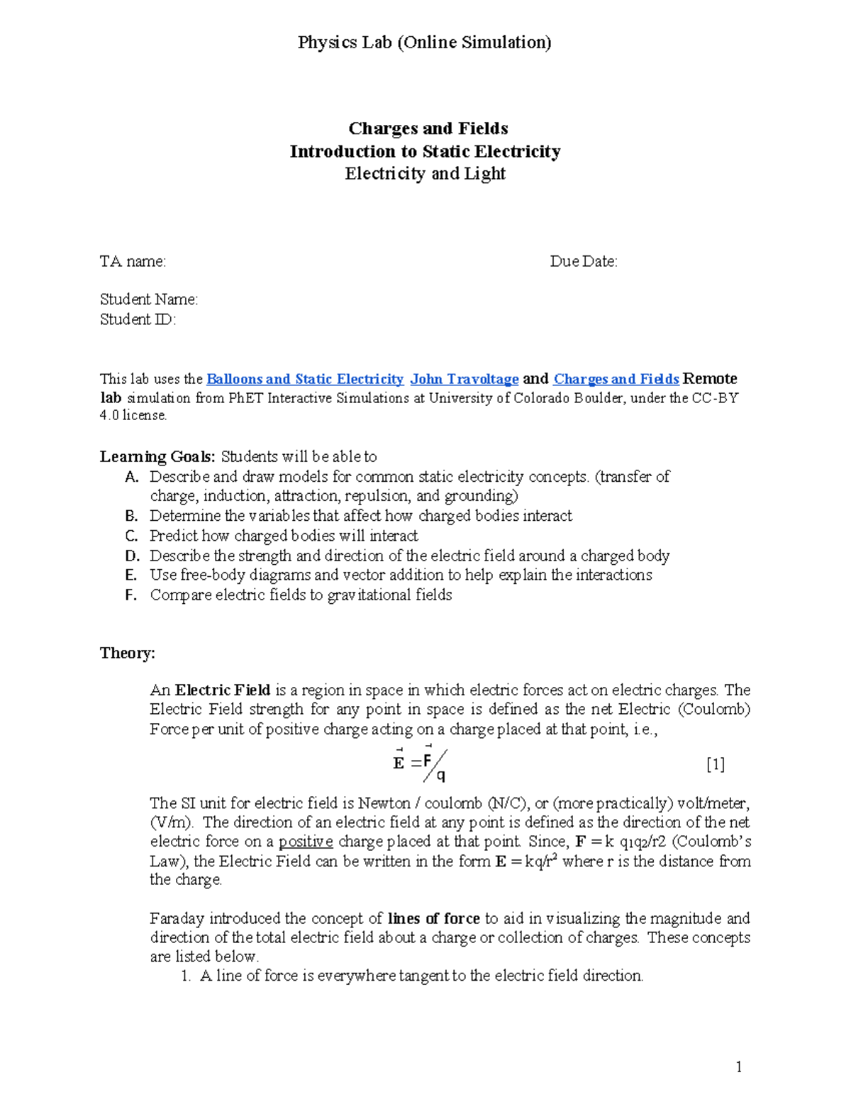 01-Static Electricity and Electric Fields Lab Report - Studocu