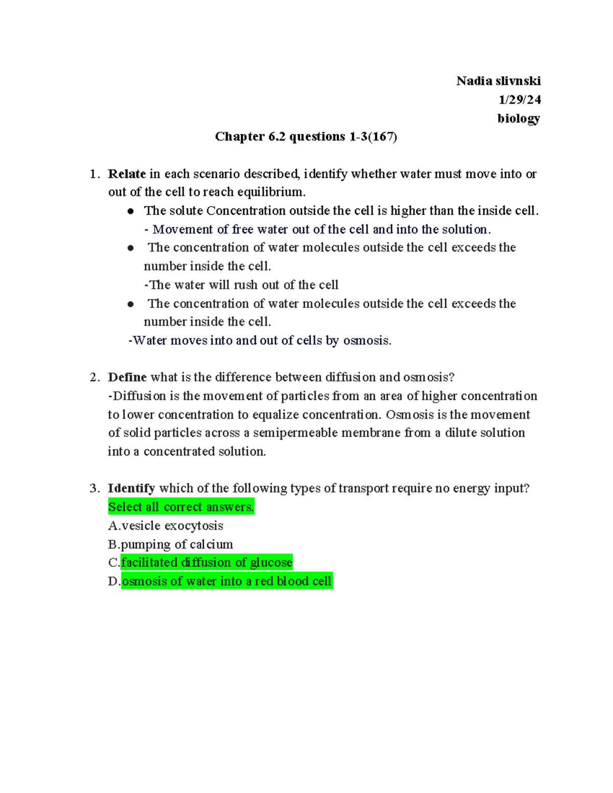 Biology 101: Chapter 6 Review & Questions on Cell Transport - Studocu