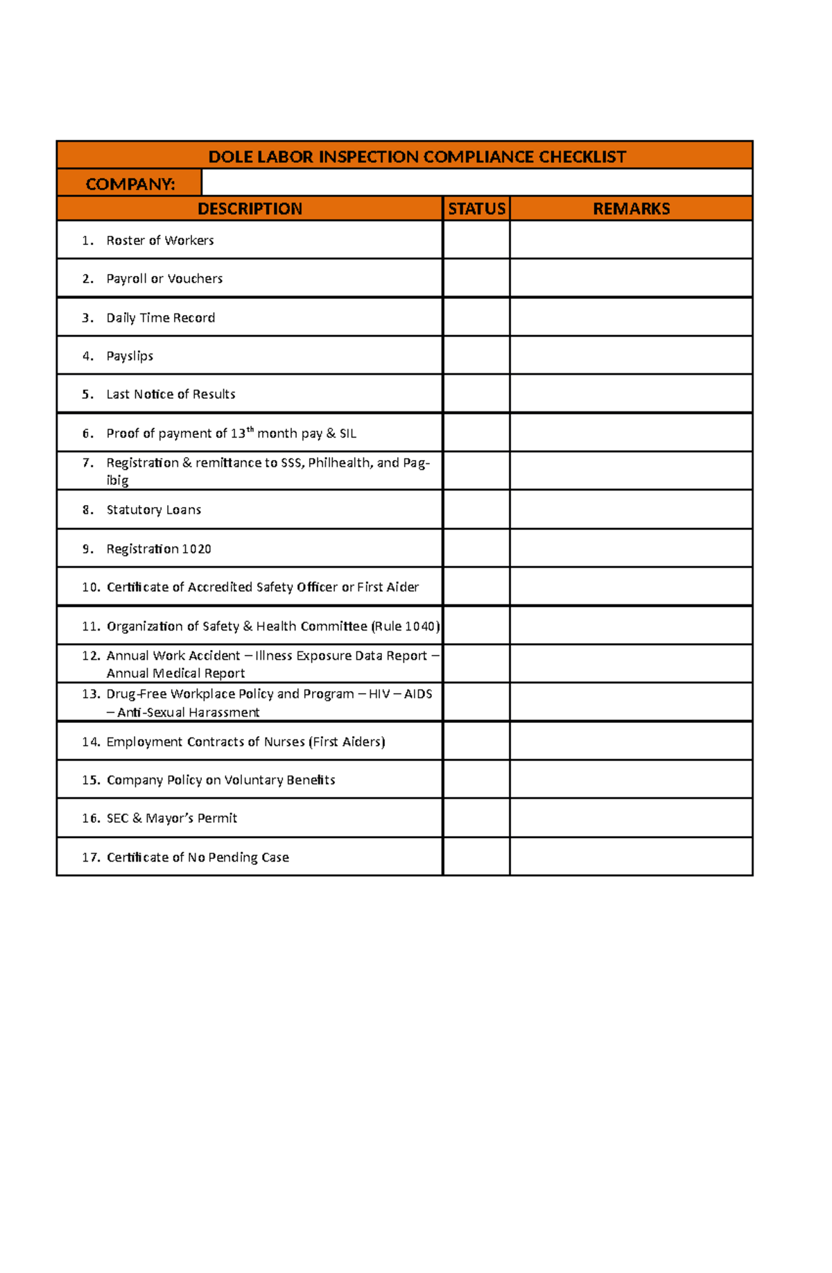 DOLE Labor Inspection Compliance Checklist - Essential Documents - Studocu