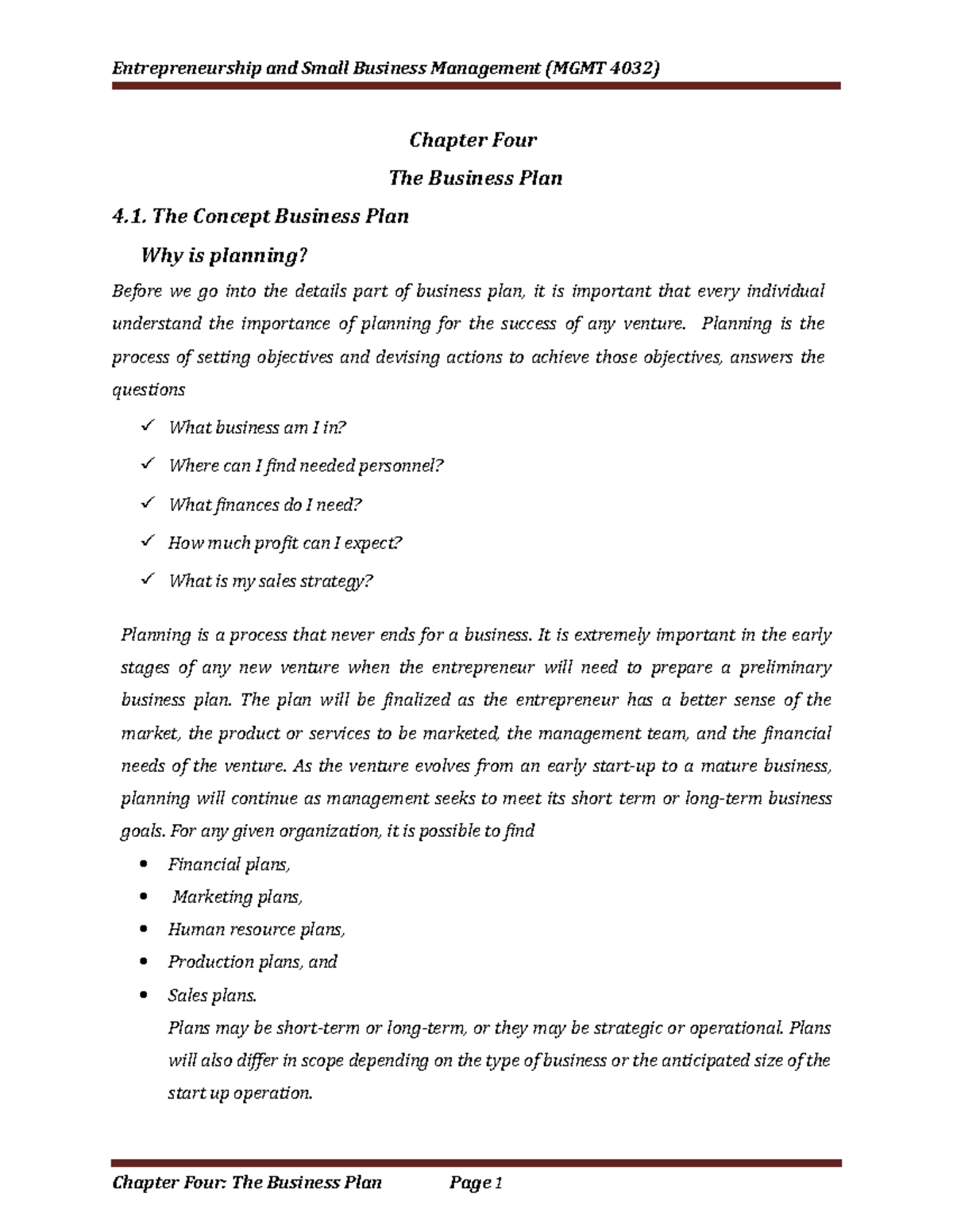 Chapter 4 - Business plan examples - Chapter Four The Business Plan 4. The Concept Business Plan ...